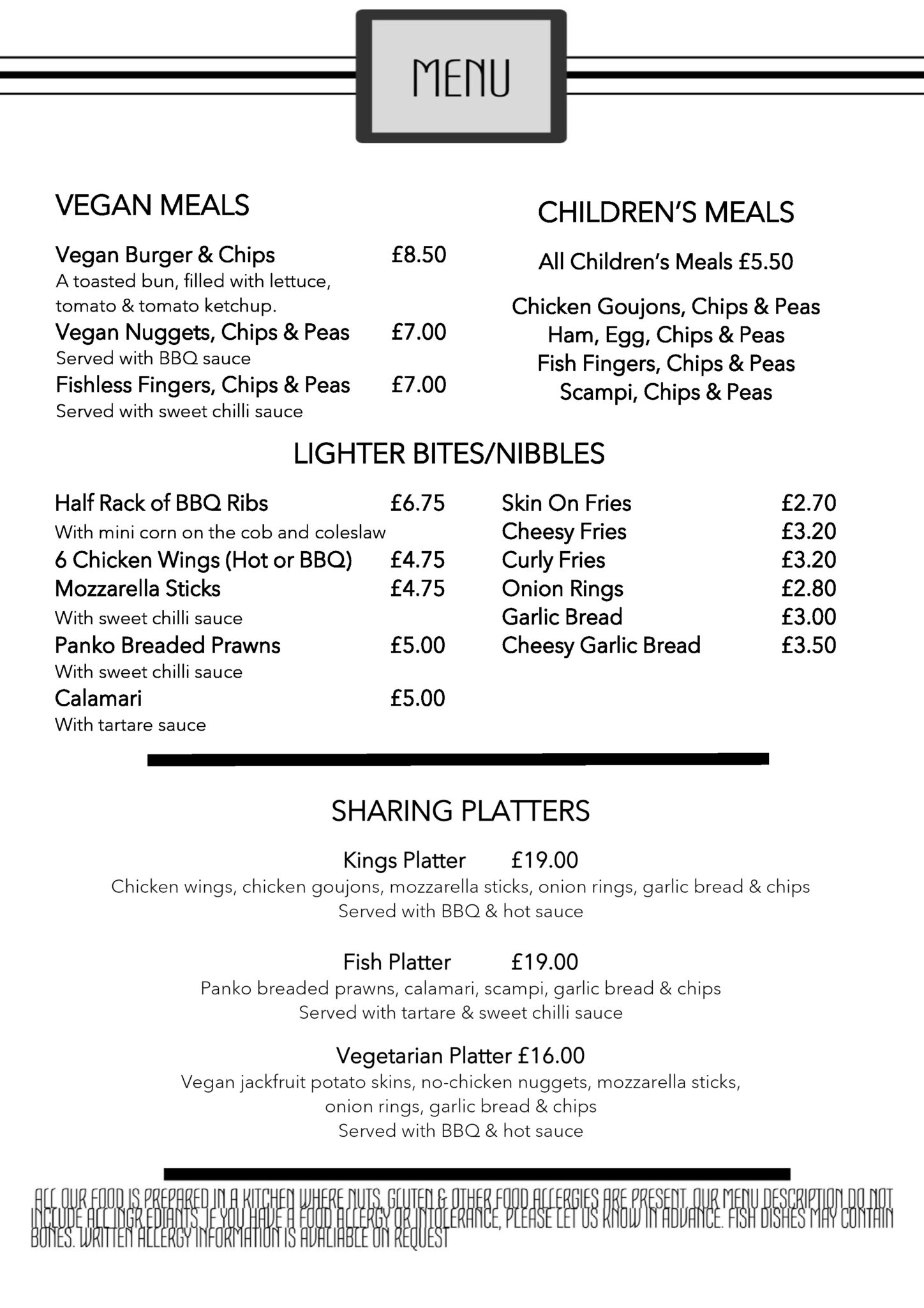 Menus - Kings Arms Bury St Edmunds