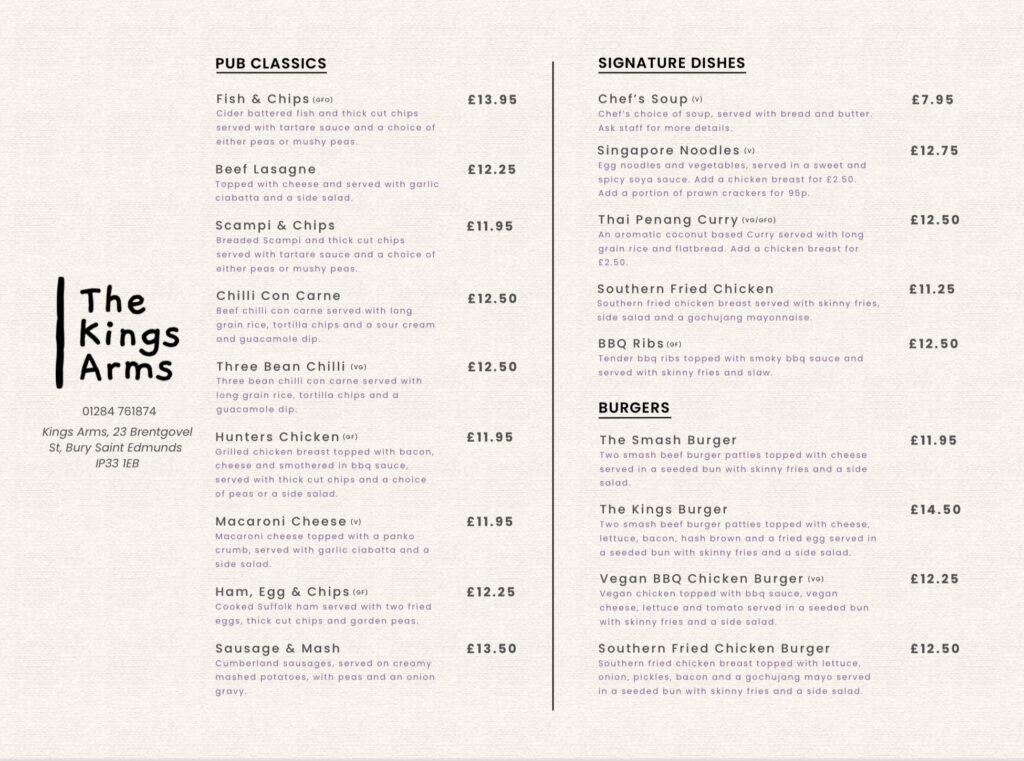 Menus - Kings Arms Bury St Edmunds