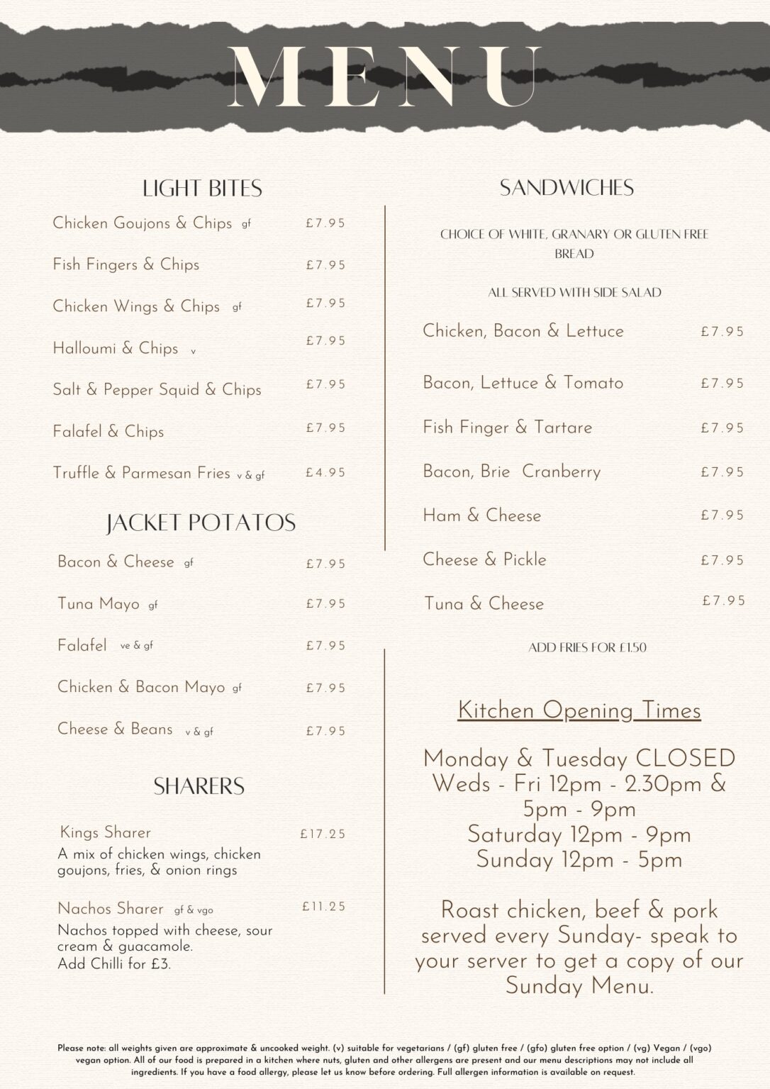 Menus - Kings Arms Bury St Edmunds
